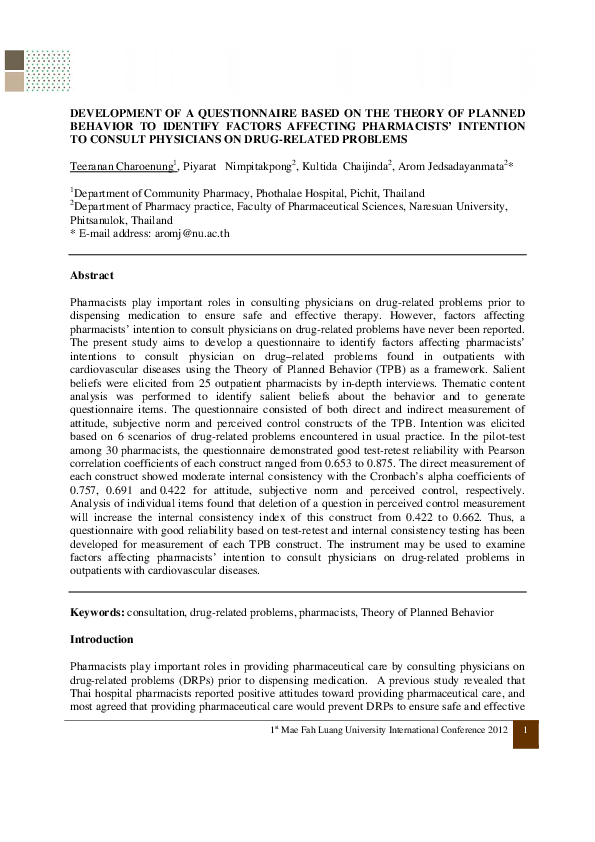 (PDF) Development of a Questionnaire Based on the Theory of Planned Behavior to Identify Factors ...