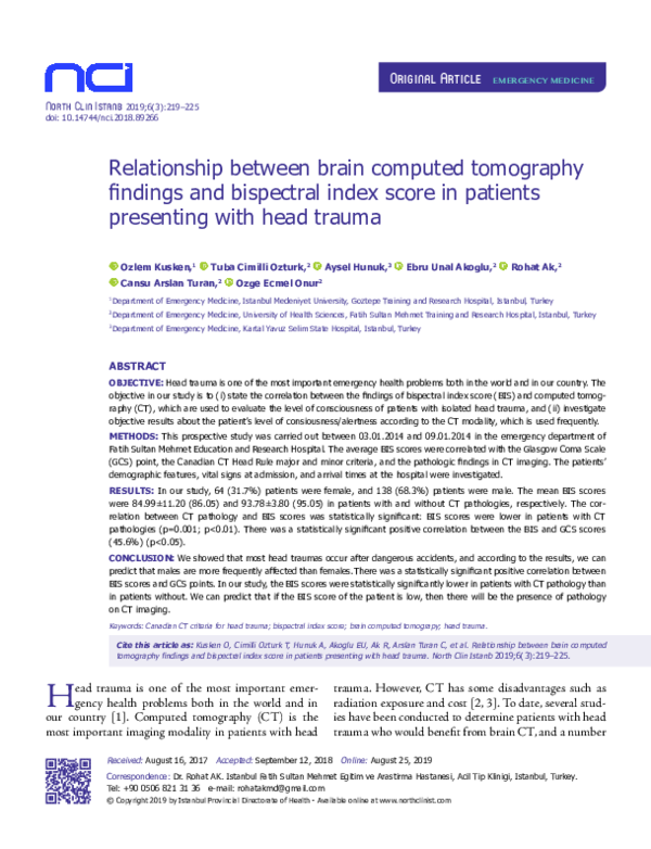 (PDF) The relationship between brain CT findings and 'Bispectral Index ...