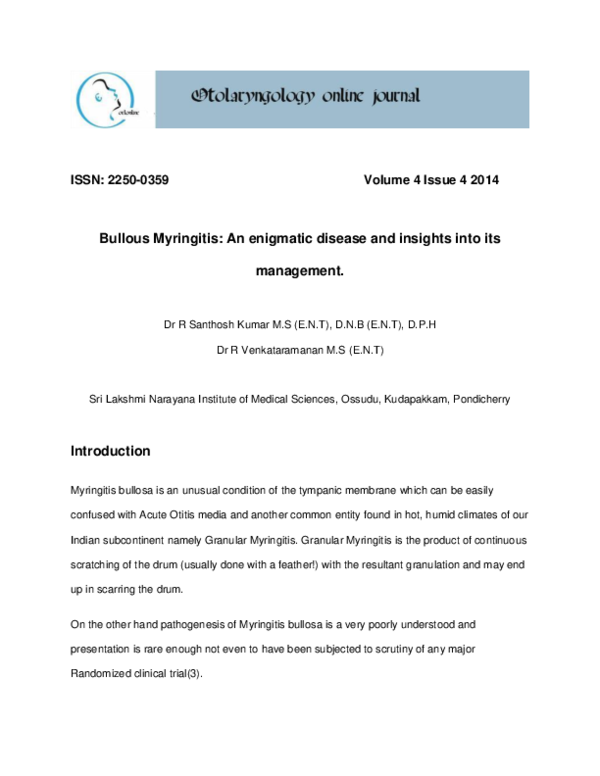(PDF) Bullous Myringitis: An enigmatic disease and insights into its ...
