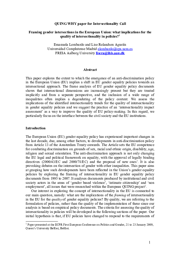(PDF) QUING WHY paper for Intersectionality Call Framing gender ...