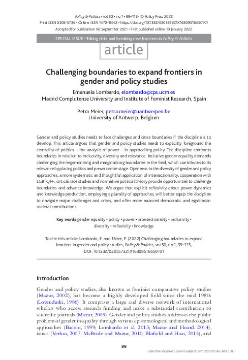 (PDF) Challenging boundaries to expand frontiers in gender and policy ...