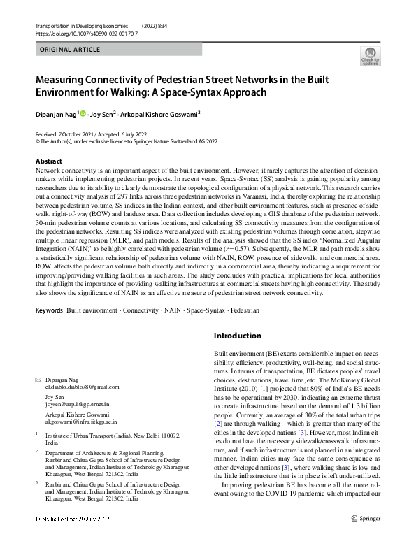 (PDF) Measuring Connectivity of Pedestrian Street Networks in the Built Environment for Walking ...