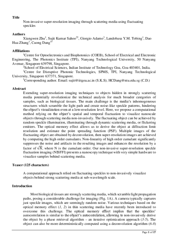(PDF) Non-invasive super-resolution imaging through scattering media using fluctuating speckles