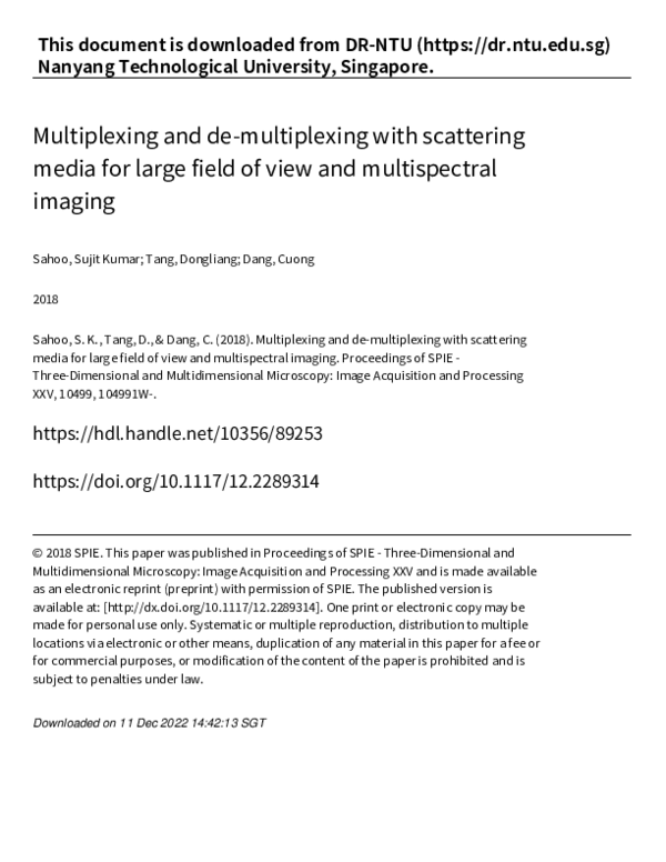(PDF) Multiplexing and de-multiplexing with scattering media for large field of view and ...