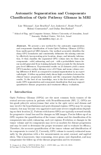 Pdf Automatic Segmentation And Components Classification Of Optic Pathway Gliomas In Mri