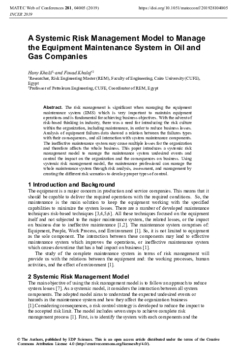 (PDF) A Systemic Risk Management Model to Manage the Equipment ...