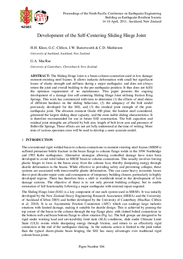 (PDF) Development of the self-centering Sliding Hinge Joint with ...