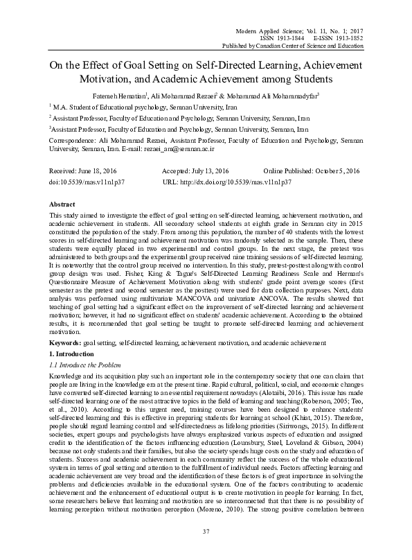 (PDF) On the Effect of Goal Setting on Self-Directed Learning, Achievement Motivation, and ...