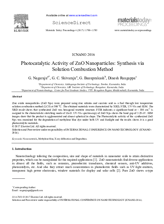 (PDF) Photocatalytic activity of ZnO nanoparticles prepared via submerged arc discharge method