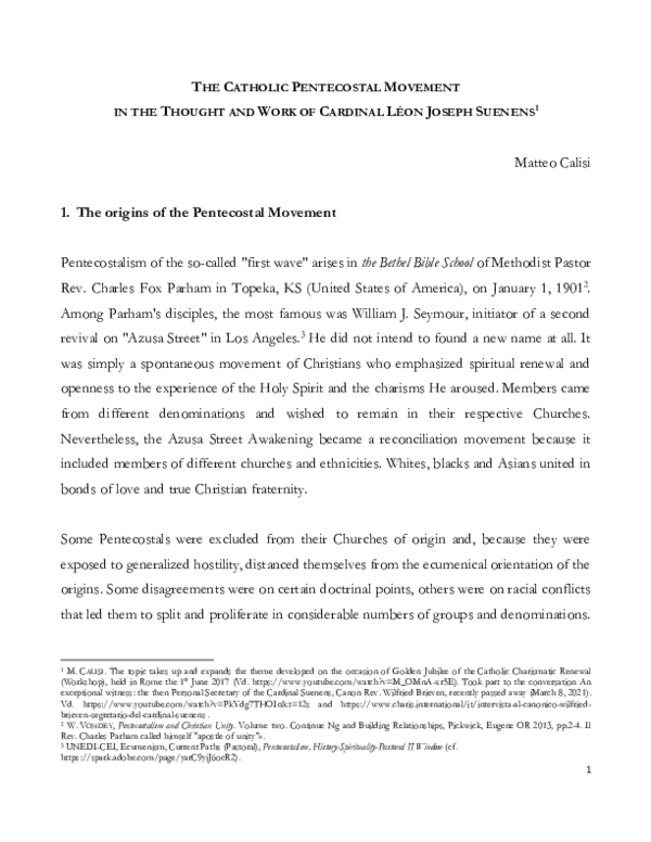 (PDF) THE CATHOLIC PENTECOSTAL MOVEMENT IN THE THOUGHT AND WORK OF ...