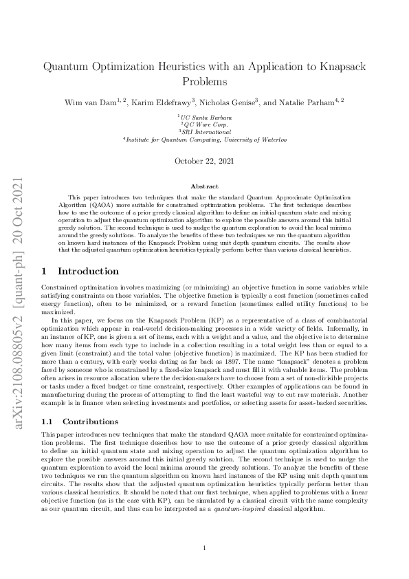 (PDF) Quantum Optimization Heuristics with an Application to Knapsack Problems | Karim Eldefrawy ...