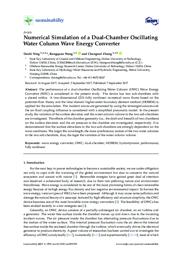 (PDF) Numerical Simulation of a Dual-Chamber Oscillating Water Column Wave Energy Converter