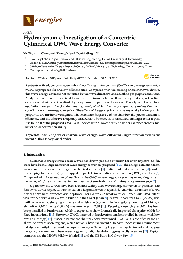(PDF) Hydrodynamic Investigation of a Concentric Cylindrical OWC Wave Energy Converter