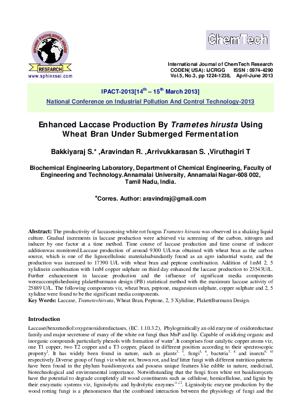 (PDF) Enhanced Laccase Production By Trametes hirusta Using Wheat Bran ...