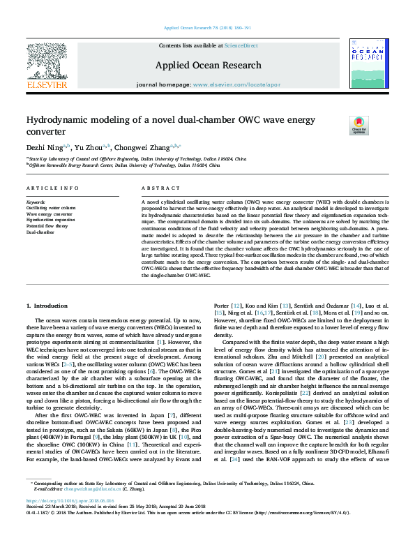 (PDF) Hydrodynamic modeling of a novel dual-chamber OWC wave energy converter