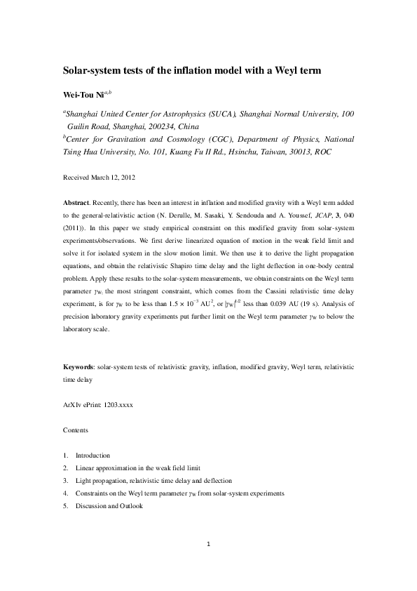(PDF) Solar-system tests of the inflation model with a Weyl term