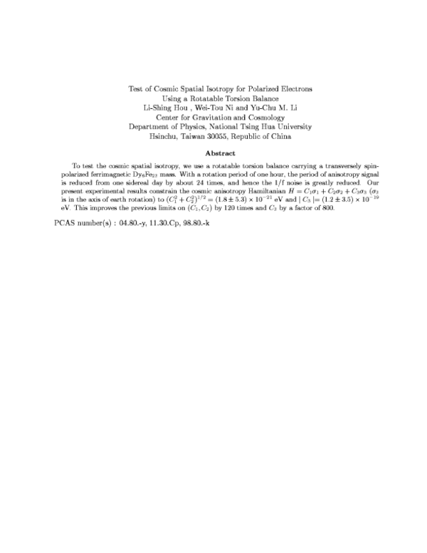 (PDF) Test of Cosmic Spatial Isotropy for Polarized Electrons Using a ...