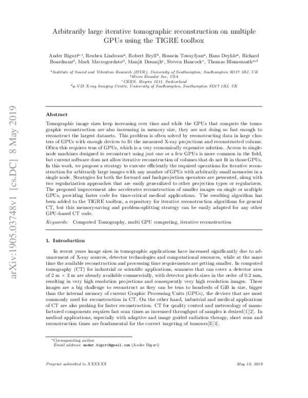 (PDF) Arbitrarily large iterative tomographic reconstruction on multiple GPUs using the TIGRE ...