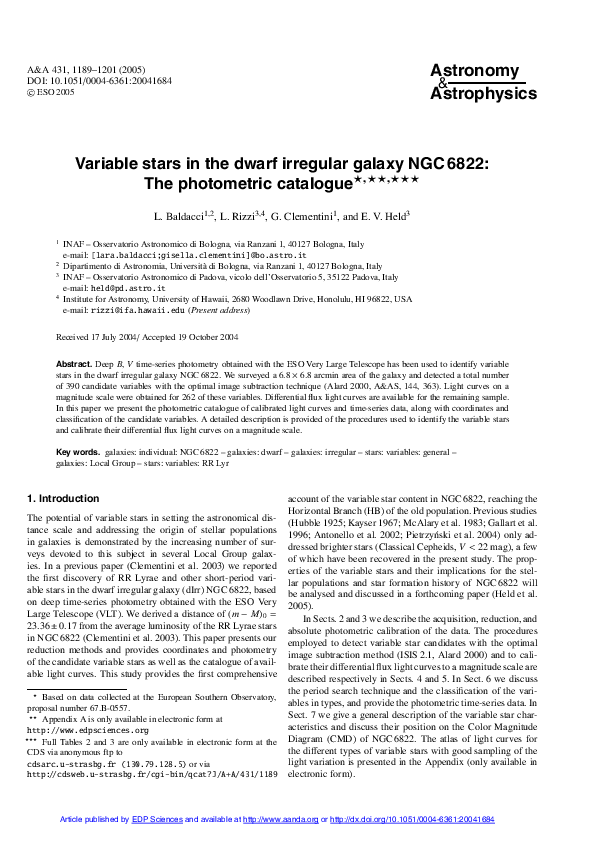 (PDF) Variable stars in the dwarf irregular galaxy NGC 6822: The photometric catalogue
