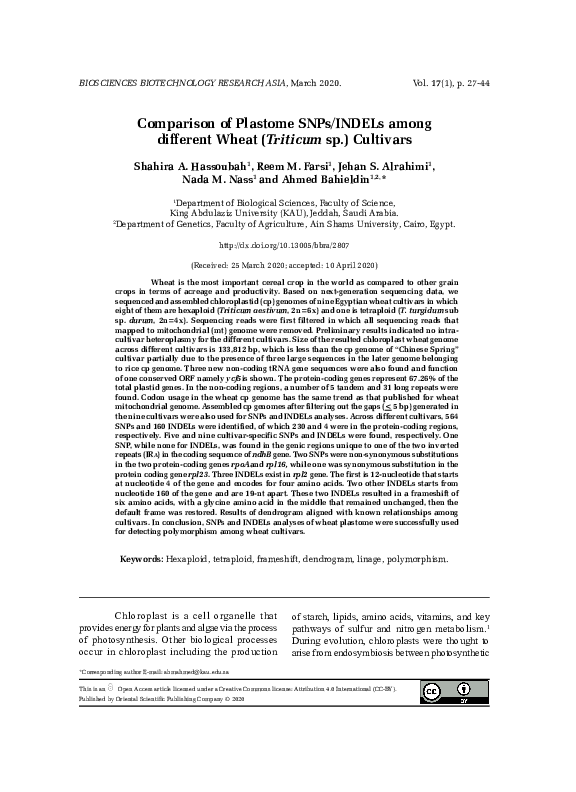 (PDF) Comparison of Plastome SNPs/INDELs among different Wheat (Triticumsp.) Cultivars