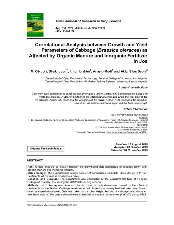 (PDF) Correlational Analysis between Growth and Yield Parameters of Cabbage (Brassica oleracea ...