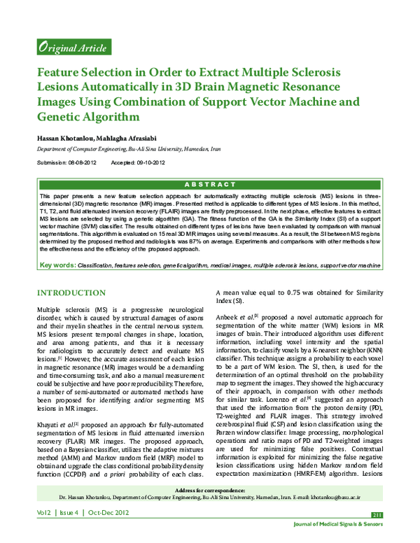 (PDF) Feature selection in order to extract multiple sclerosis lesions automatically in 3D brain ...