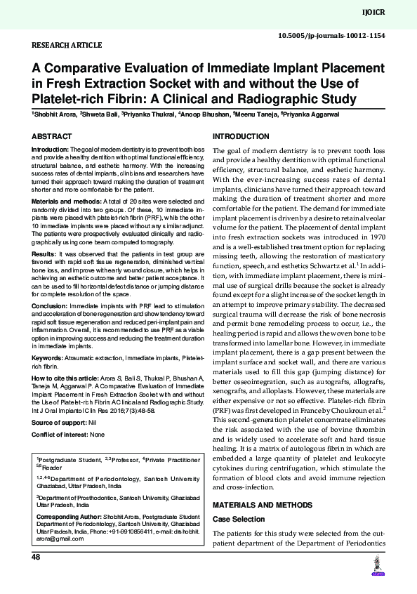 (PDF) A Comparative Evaluation of Immediate Implant Placement in Fresh Extraction Socket with ...
