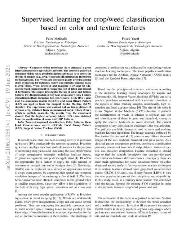 (PDF) Supervised learning for crop/weed classification based on color and texture features