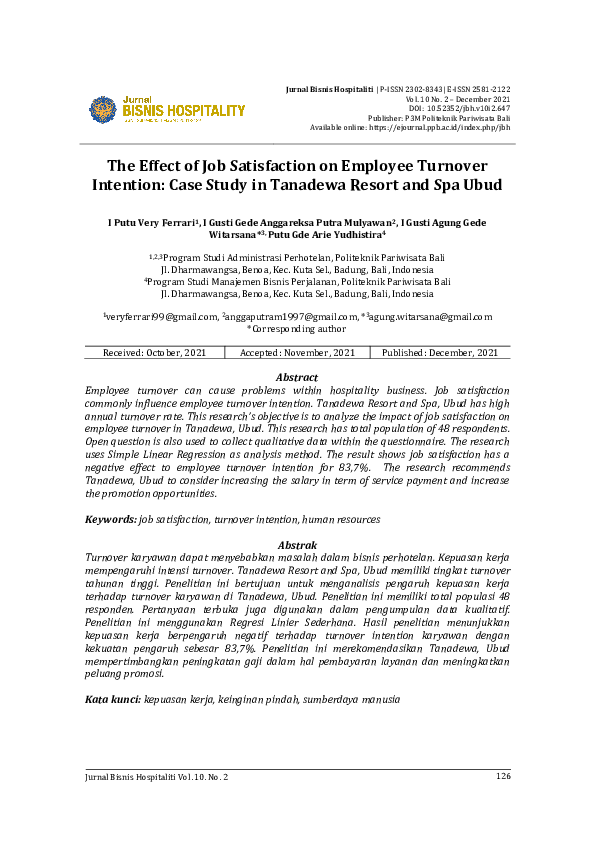 (PDF) The Effect of Job Satisfaction on Employee Turnover Intention: Case Study in Tanadewa ...