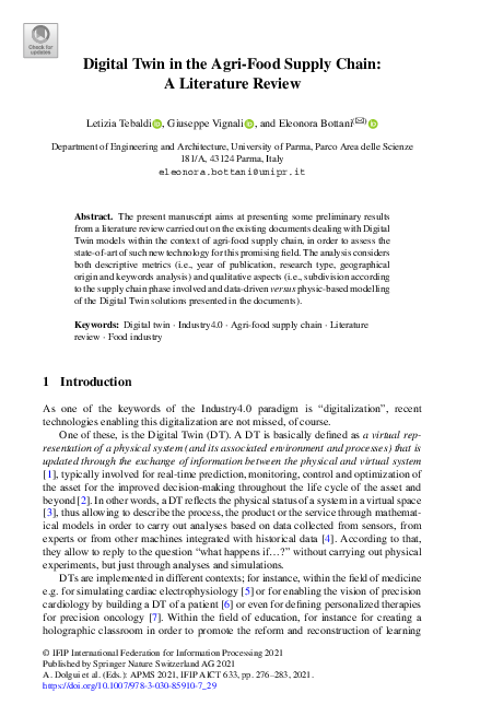 (PDF) Digital Twin in the Agri-Food Supply Chain: A Literature Review