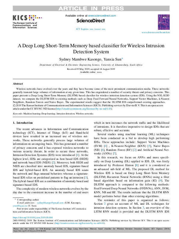 (PDF) A Deep Long Short-Term Memory based classifier for Wireless Intrusion Detection System