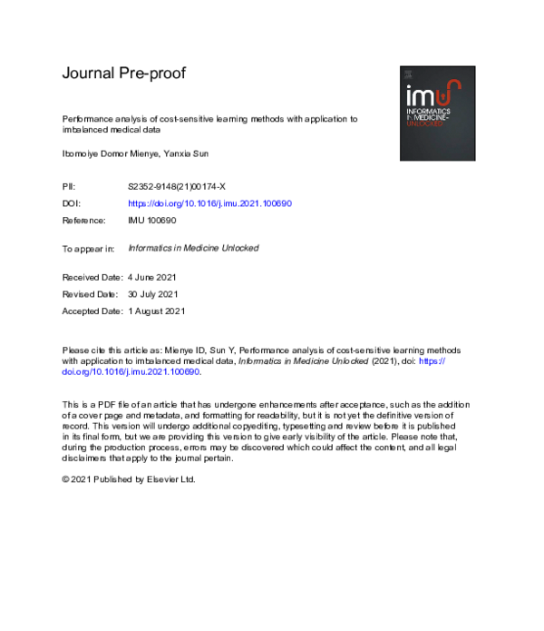 Pdf Performance Analysis Of Cost Sensitive Learning Methods With Application To Imbalanced