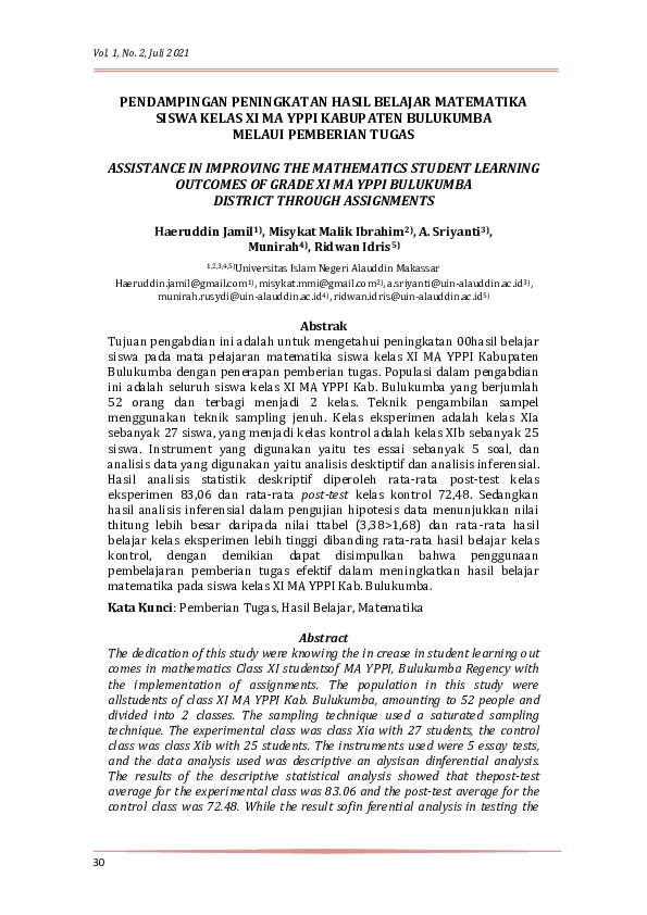 (PDF) Pendampingan Peningkatan Hasil Belajar Matematika Siswa ...