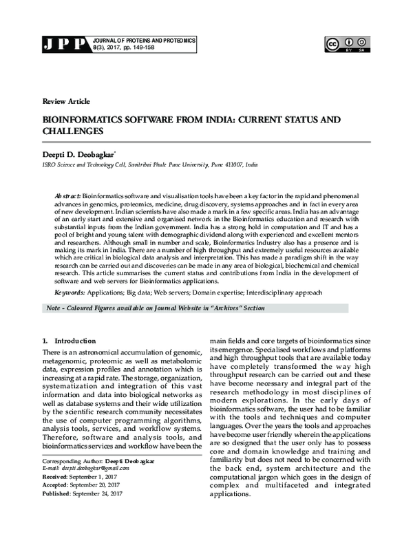 (PDF) Bioinformatics Software from India: Current Status and Challenges