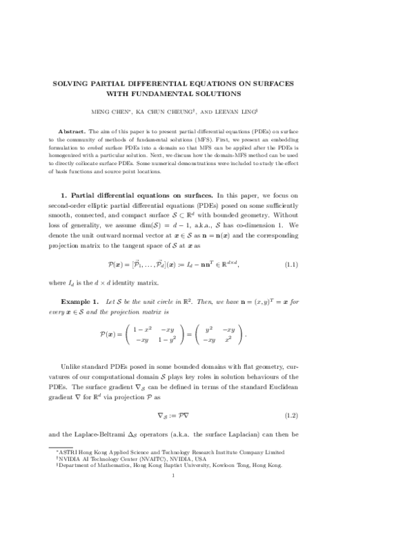 (PDF) Solving Partial Differential Equations on Surfaces with Fundamental Solutions