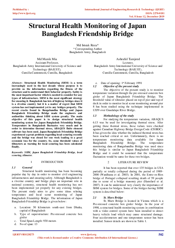 (PDF) Structural Health Monitoring of Japan Bangladesh Friendship Bridge