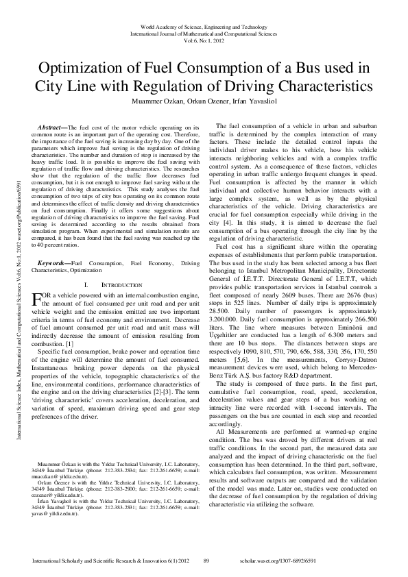 (PDF) Optimization Of Fuel Consumption Of A Bus Used In City Line With ...