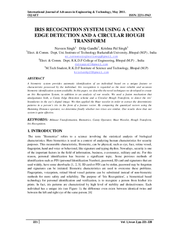 (PDF) Iris Recognition System Using a Canny Edge Detection and a Circular Hough Transform