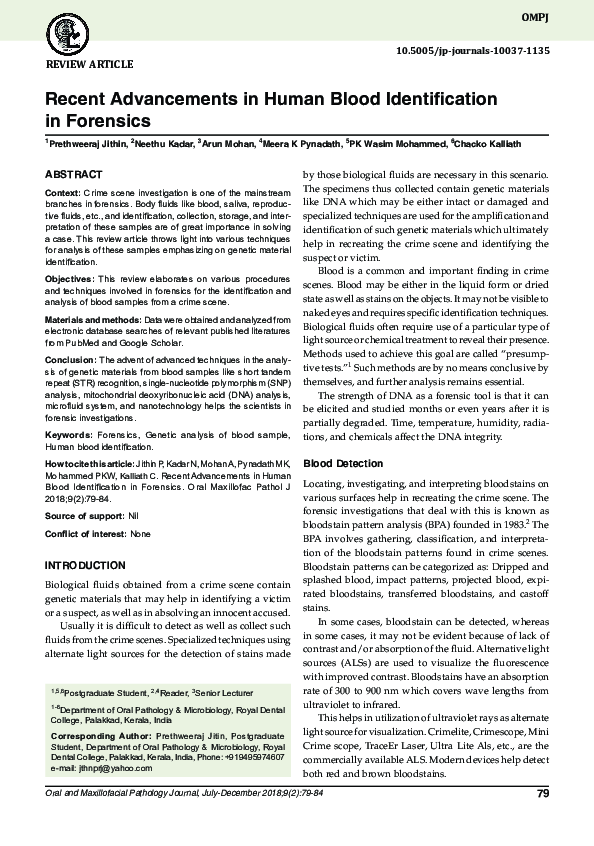(PDF) Recent Advancements in Human Blood Identification in Forensics