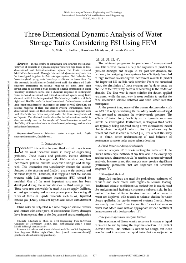 (PDF) Three Dimensional Dynamic Analysis Of Water Storage Tanks Considering Fsi Using Fem