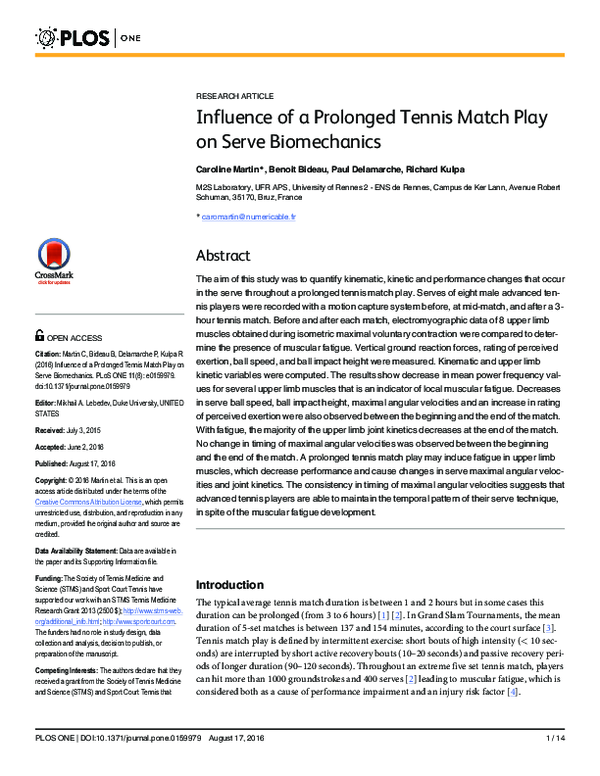 (PDF) Influence of a Prolonged Tennis Match Play on Serve Biomechanics