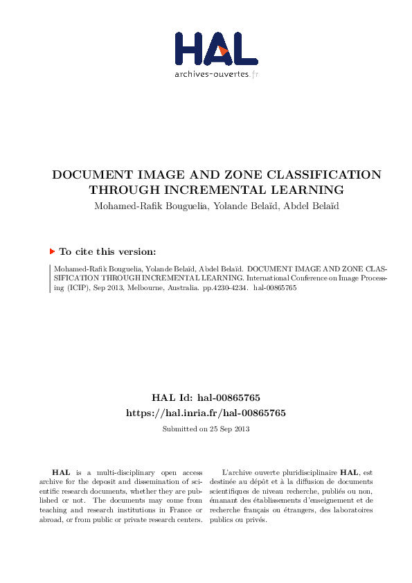 Document Image And Zone Classification Through Incremental Learning
