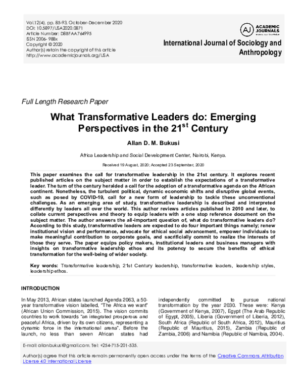 (PDF) What Transformative Leaders do: Emerging Perspectives in the 21st Century