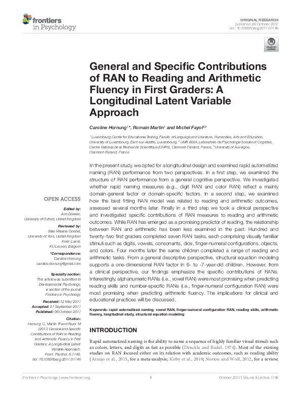 Pdf General And Specific Contributions Of Ran To Reading And Arithmetic Fluency In First