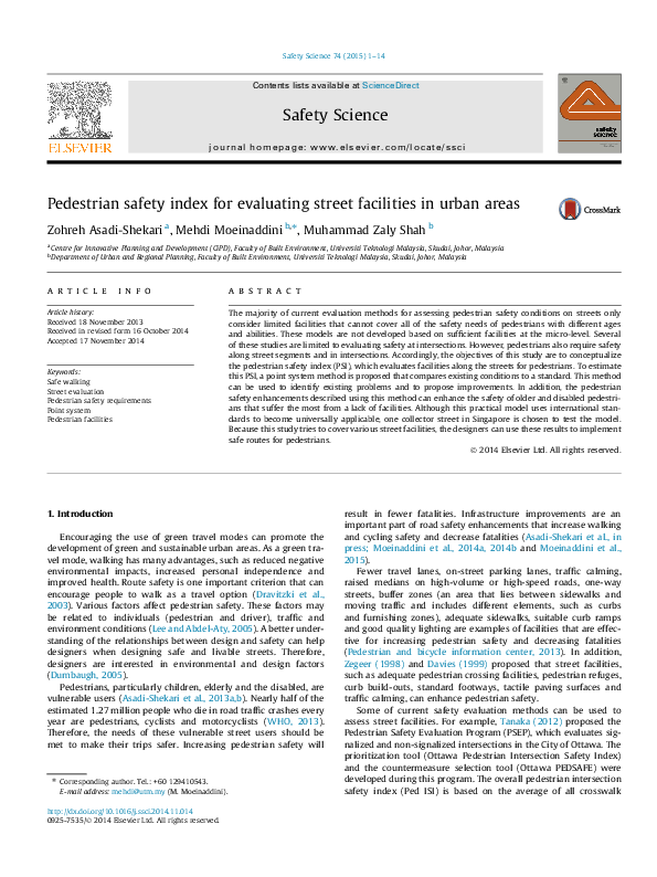 (PDF) Pedestrian safety index for evaluating street facilities in urban ...