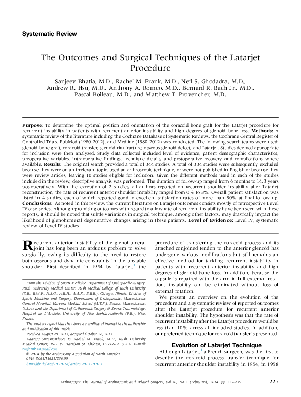(PDF) The Outcomes and Surgical Techniques of the Latarjet Procedure