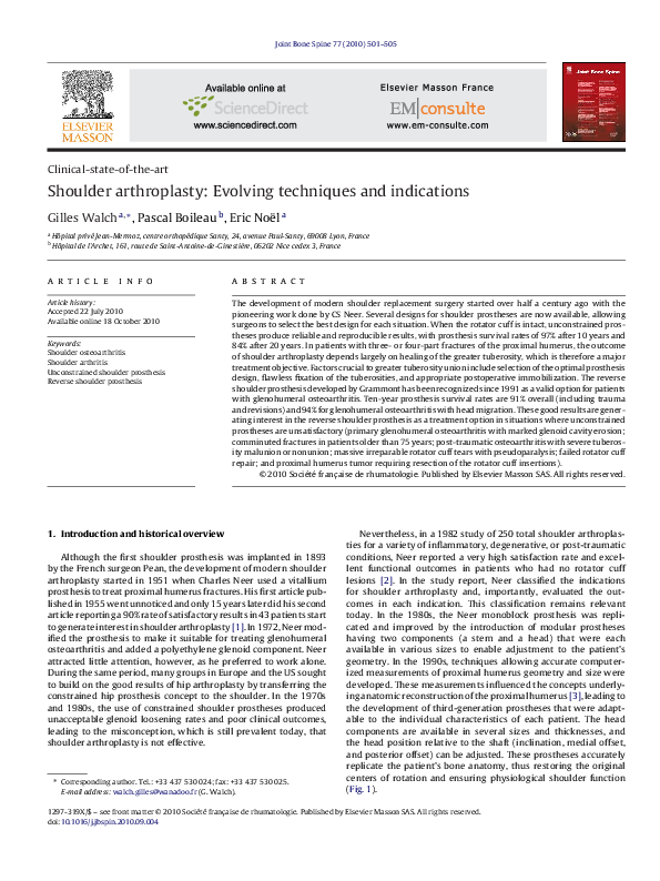 (PDF) Shoulder arthroplasty: Evolving techniques and indications