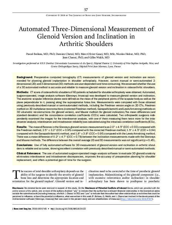 (PDF) Automated Three-Dimensional Measurement of Glenoid Version and Inclination in Arthritic ...
