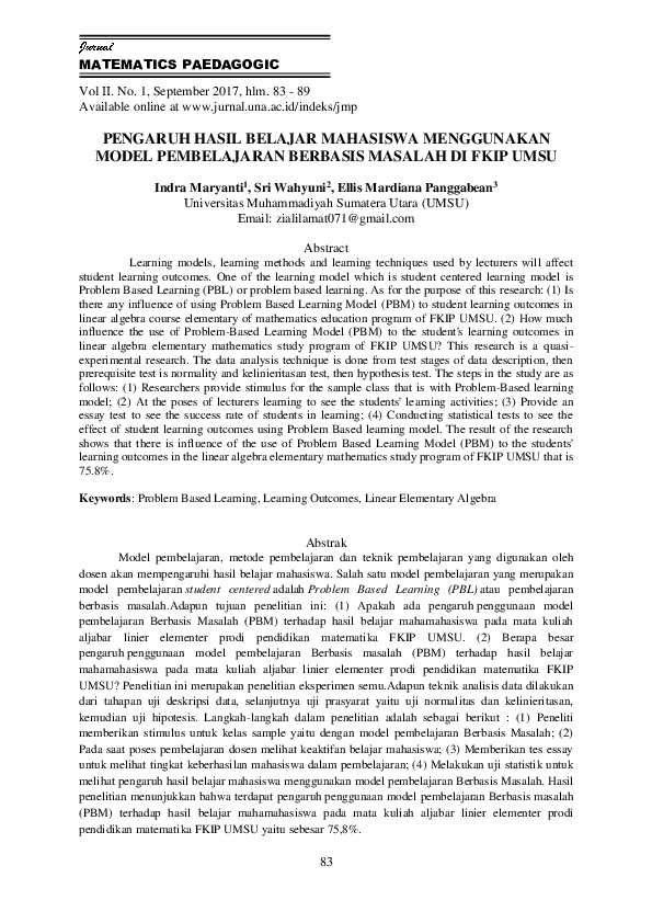 (PDF) Pengaruh Hasil Belajar Mahasiswa Menggunakan Model Pembelajaran Berbasis Masalah DI Fkip Umsu