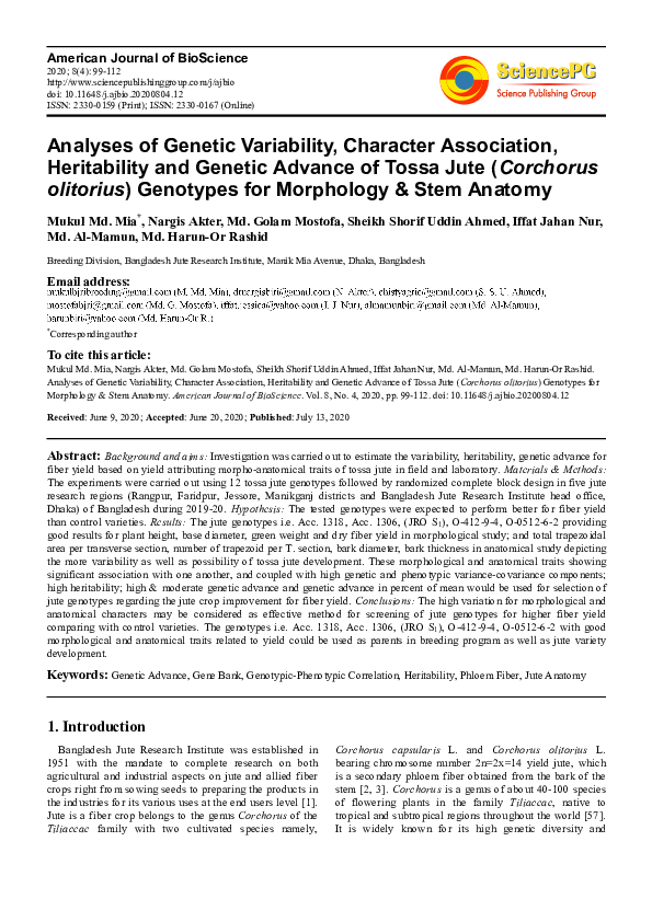 (PDF) Analyses of Genetic Variability, Character Association, Heritability and Genetic Advance ...